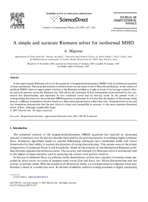 Pdf A Simple And Accurate Riemann Solver For Isothermal Mhd