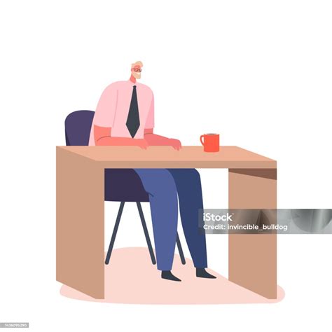사무원 직업 개념 직장에서의 커피 컵과 함께 책상에 앉아있는 사업가 서기 또는 관리자 캐릭터 개념에 대한 스톡 벡터 아트 및