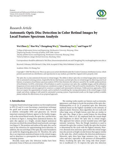 Pdf Automatic Optic Disc Detection In Color Retinal Images By Local Feature Spectrum Analysis