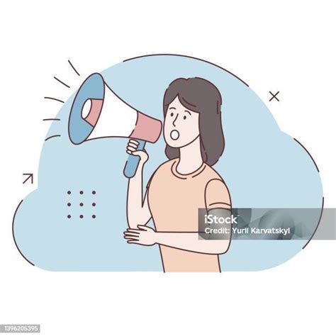 만화 캐릭터가 확성기로 고함을 지르며 서 있습니다 젊은 여성 시위자 활동가 항의 행동주의 발표 연설 승진 개념 프로모션 마케팅