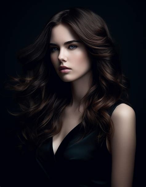 Una mujer con cabello castaño largo y un vestido negro Foto Premium