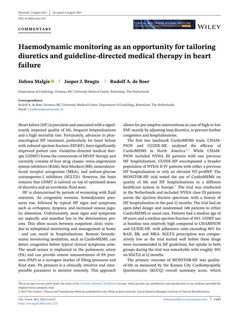 Pdf Haemodynamic Monitoring As An Opportunity For Tailoring Diuretics And Guideline‐directed