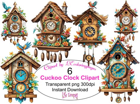 Printable Floral Cuckoo Clock Clipart Bundle Set 3 Png Commercial