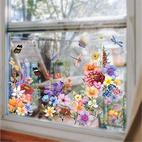 Colorful Flower Window Stickers With Dragonflies And Butterflies Spring