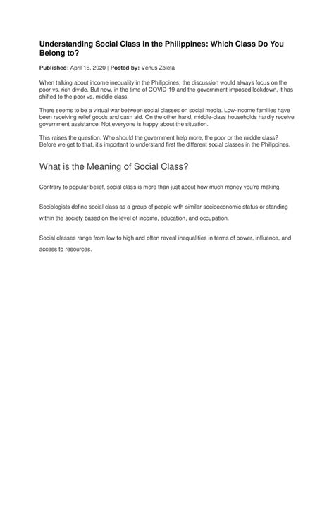 Understanding Social Class In The Philippinesdocx Docsity