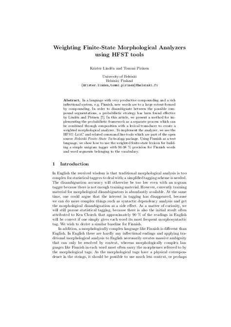 Pdf Weighting Finite State Morphological Analyzers Using Hfst Tools