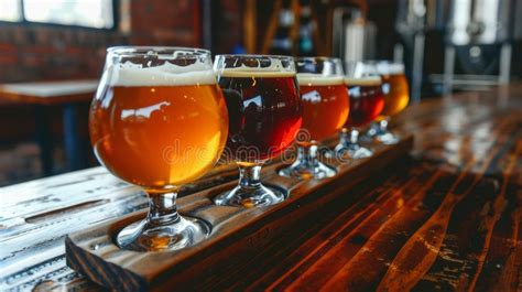 Assorted Craft Beers Showcased On A Flight Tray At A Local Brewery