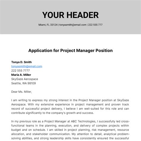 Project Manager Cover Letter Template Edit Online And Download Example