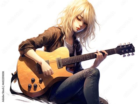 Cartoon Photo Of Woman Playing Music Instrument In Anime Japanese Style