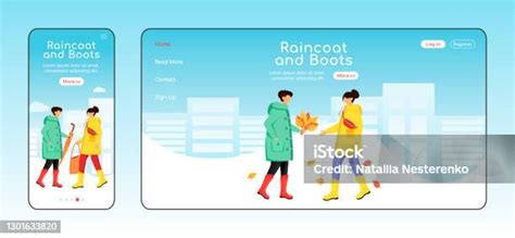 비옷 과 부츠 랜딩 페이지 플랫 컬러 벡터 템플릿 모바일 디스플레이 레인웨어 홈페이지 레이아웃 한 페이지 웹 사이트 인터페이스