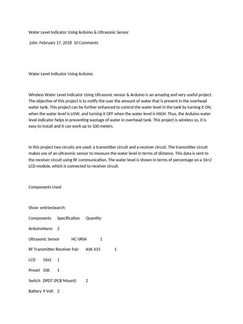 Water Level Indicator Using Arduino Pdf Arduino Transmitter
