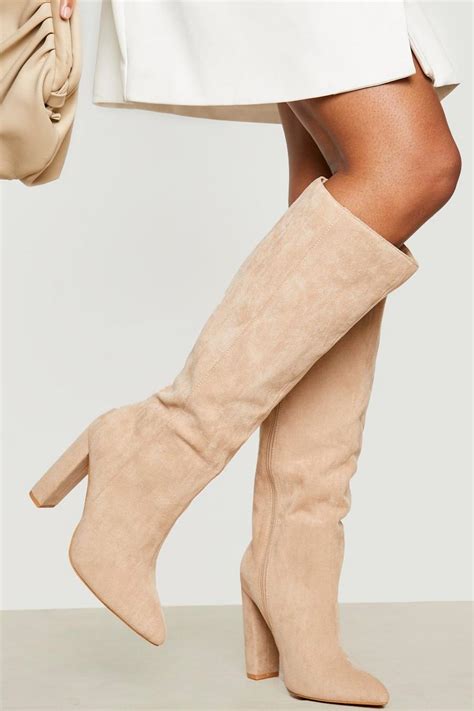 Wide Fit Pointed Knee High Heeled Boots Boohoo Uk