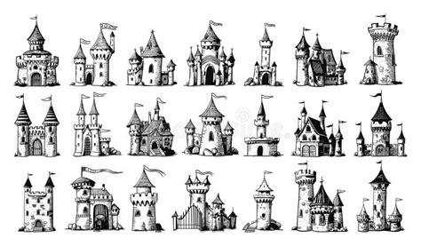 Engraving Style Different Castles Icons Set Hand Drawn Simple Style