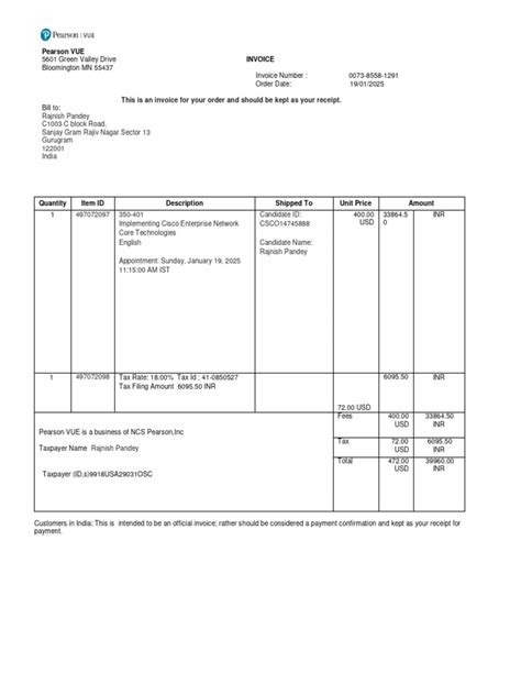 Pearson Vue Confirmation Of Payment Pdf Invoice Receipt