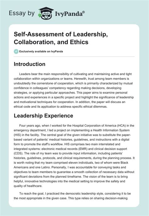 Self Assessment Of Leadership And Ethics 951 Words Assessment Example