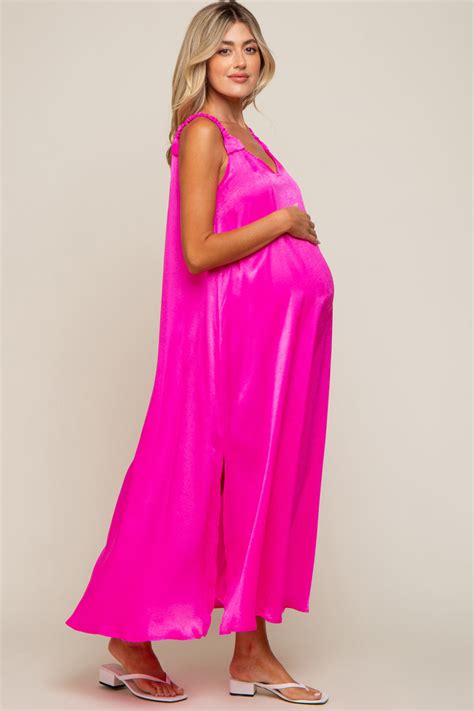 Fuchsia Satin Side Slit Maternity Maxi Dress Pinkblush