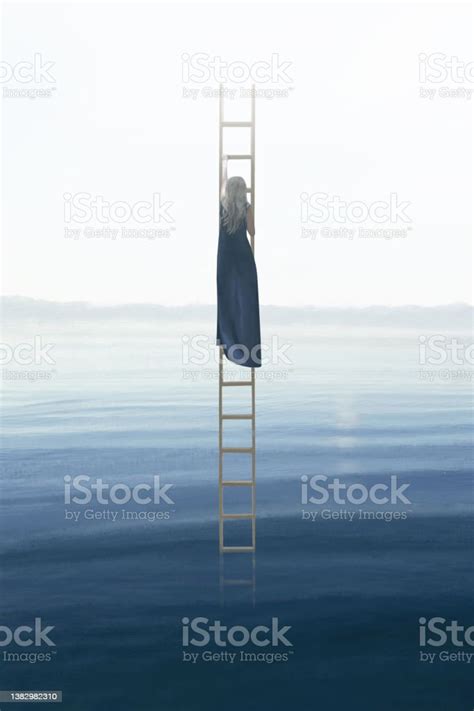 상상의 사다리에 바다에서 나가려고 하는 여자의 초현실적인 그림 한 명의 여자만에 대한 스톡 벡터 아트 및 기타 이미지 한