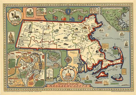 Pictorial Map Of Massachusetts 1930 Vintage Restoration Hardware Home