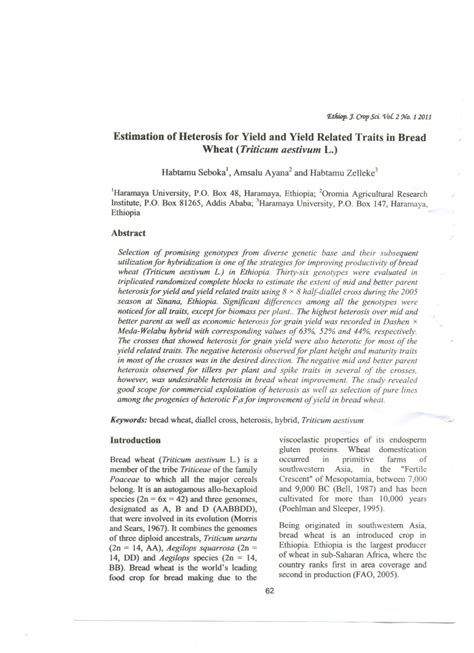 Pdf Estimation Of Heterosis For Yield And Yield Related Traits In Bread Wheat Triticum