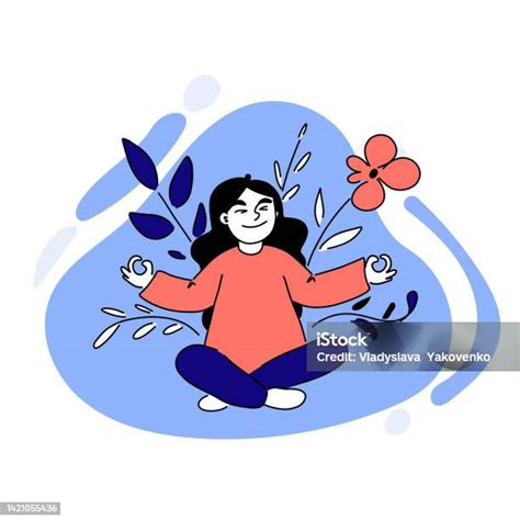 명상하는 소녀의 벡터 일러스트레이션 연꽃 위치 명상 마음 챙김 요가 선 평화 자연과의 단결 꽃 평온 차크라 정신 건강 개념 블루와 핑크 파스텔 색상 Mental