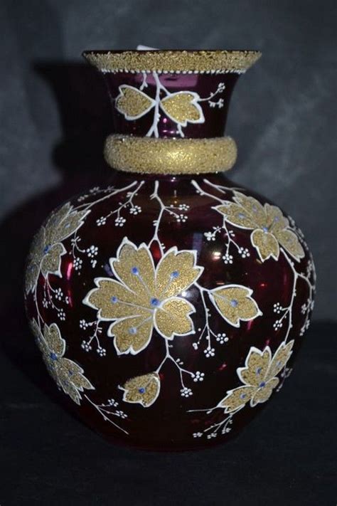 Gilded Ruby Vase With Enamelled Leaf Motif British Victorian Glass