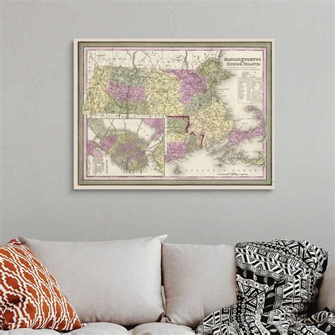 Vintage Map Of Massachusetts And Rhode Island Wall Art Canvas Prints