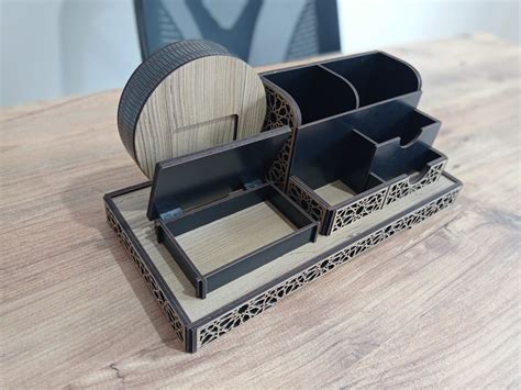 Personalized Wooden Desktop Organizer With Clock Organizer Set Name