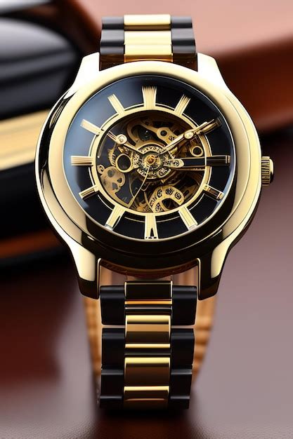 Un Reloj Dorado Y Negro Con Esfera Negra Y Manecillas Doradas Foto Premium