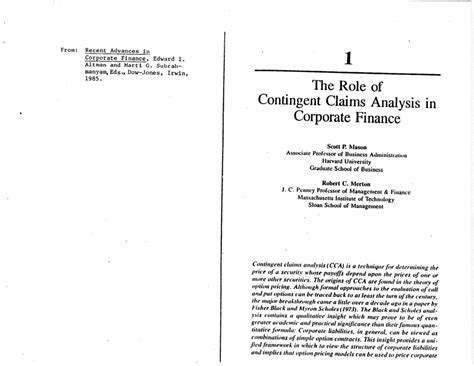 Pdf The Role Of Contingent Claims Analysis In Corporate Finance