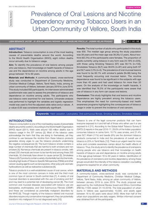Pdf Prevalence Of Oral Lesions And Nicotine Dependency Among Tobacco Users In An Urban