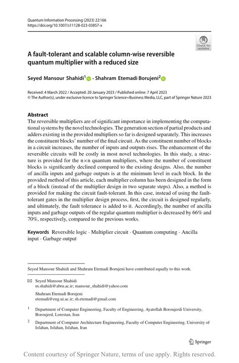 a fault tolerant and scalable column wise reversible quantum multiplier