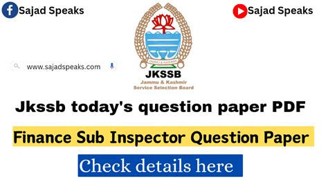 Jkssb Finance Inspector Todays Question Paper Pdf Downlaod Now