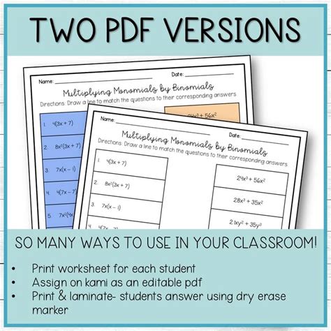 Multiplying Monomials By Binomials Digital And Print Activity Tpt