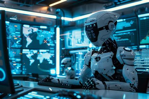 Artificial Intelligence Robot Humanoid Android That Operates Multiple Computers And Screens