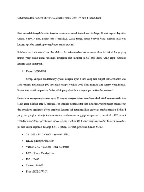 5 Rekomendasi Kamera Mirrorless Terbaik 2024 Pdf