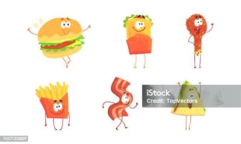 재미있는 패스트 푸드 만화 캐릭터의 집합입니다 햄버거 Shawarma 드럼 스틱 베이컨과 샌드위치 벡터 일러스트 레이 션 만화에 대한 스톡 벡터 아트 및 기타 이미지