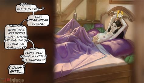 rule 34 2girls absurdres bed bed sheet breasts cptpopcorn dialogue english text fantasy female