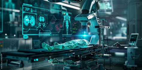 Surgeon Or Doctors Anatomy On A Cutting Edge Robotic Surgery Machine With A Futuristic Virtual