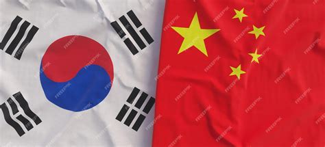 한국과 중국의 깃발 리넨 깃발 근접 촬영 캔버스로 만든 깃발 한국 서울 중국 국가 국가 상징 3d 그림 프리미엄 사진