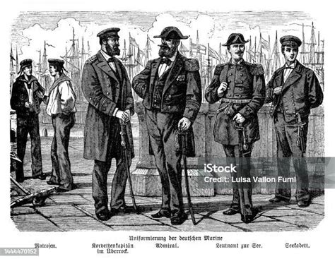 19세기 독일 제국 해군 선원과 장교의 제복이 새겨진 독일 판화 왼쪽부터 선원 코트를 입은 코르벳함 사령관 제독 중위 및 중위 독일에 대한 스톡 벡터 아트 및 기타 이미지