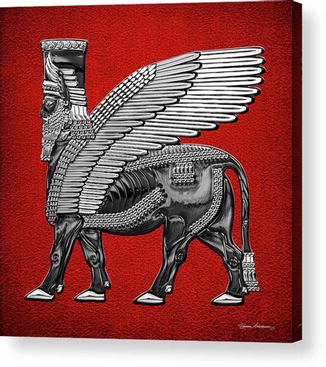 Assyrian Winged Bull Silver And Black Lamassu Over Red Leather