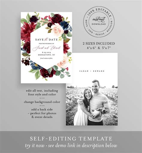 Printable Save The Date Template Merlot And Blush Florals Etsy