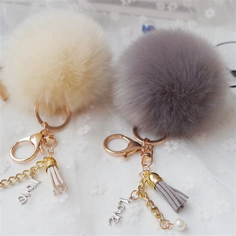 2017 Top Sale 15 Colors Faux Fur Pom Pom And With Tassel Keychain Furry Key Chains Large Fur