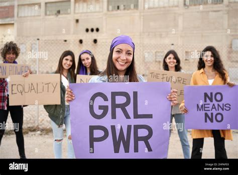 Group Of Smiling People Activist Protesting Feminist Women Happy