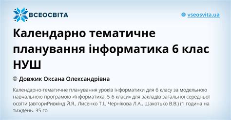 Календарно тематичне планування інформатика 6 клас НУШ КТП Інформатика