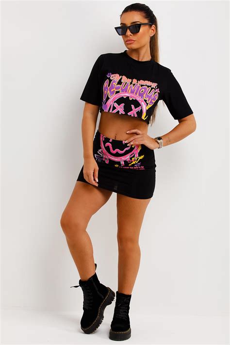 Crop Top And Skirt Co Ord With Neon Radical Print Rave Festival Outfit