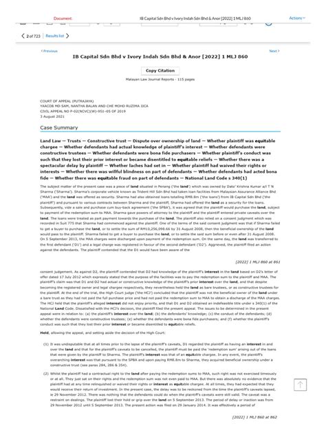 Ib Capital Sdn Bhd V Ivory Indah Sdn Bhd And Anor 2022 1 Mlj 860 Pdf