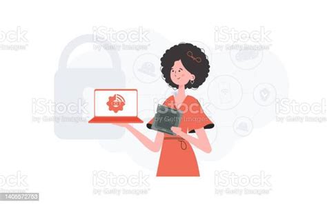 소녀는 노트북과 프로세서 칩을 손에 들고 있습니다 사물 인터넷 개념 트렌디 한 평면 스타일 벡터 일러스트레이션 Cpu에 대한