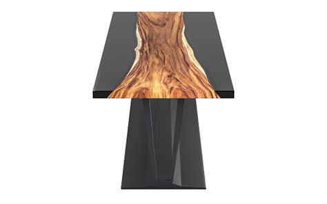 흰색 배경에 검은 색 에폭시 수지가있는 라이브 엣지 나무 테이블 3d 렌더링 3차원 형태에 대한 스톡 사진 및 기타 이미지