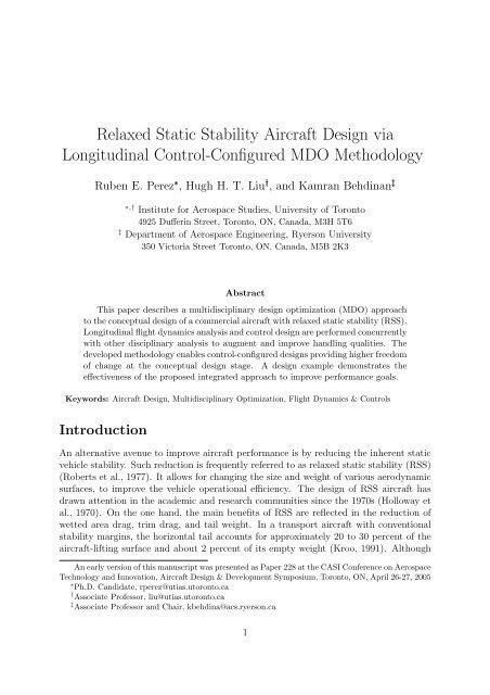 Relaxed Static Stability Aircraft Design Via Longitudinal Control